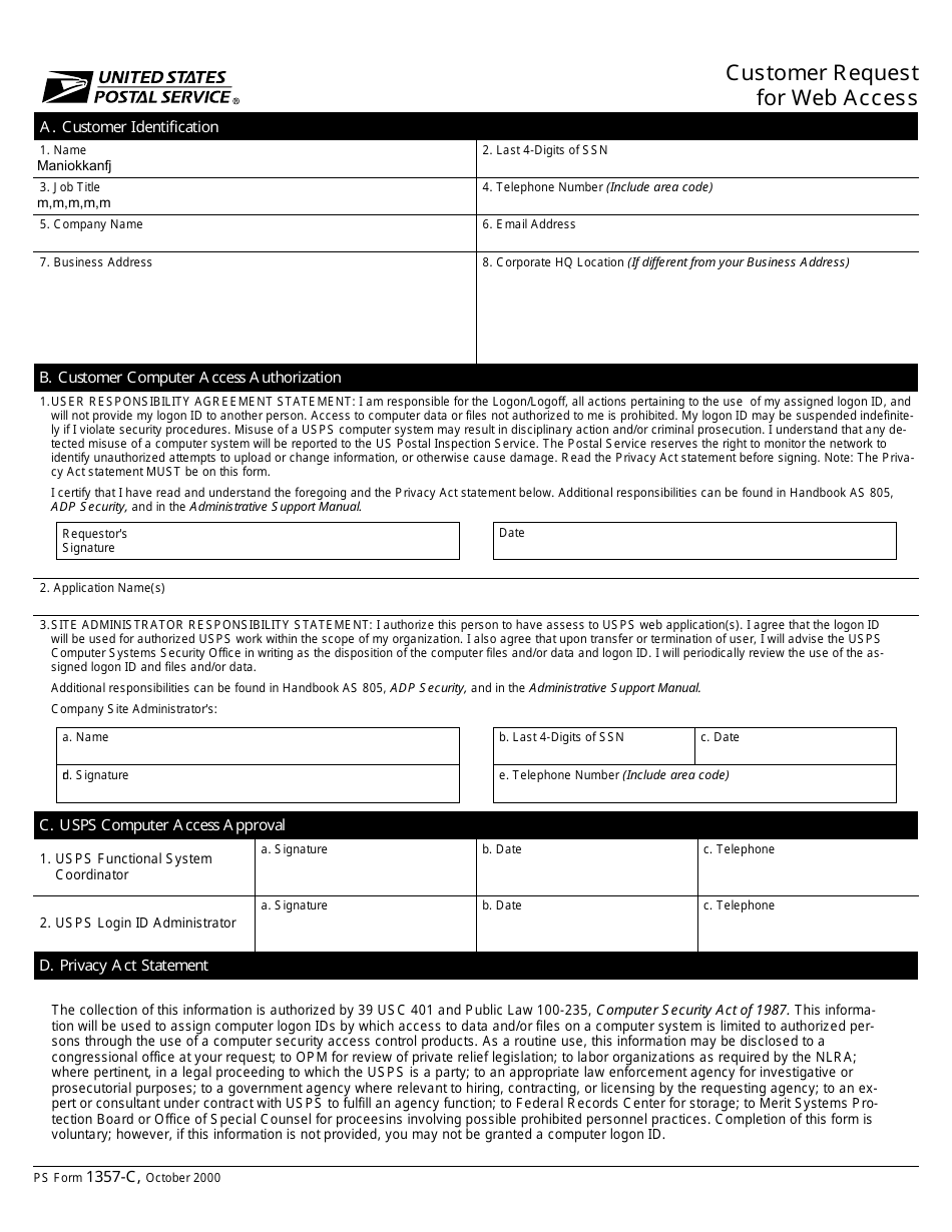 PS Form 1357-C - Fill Out, Sign Online and Download Fillable PDF ...