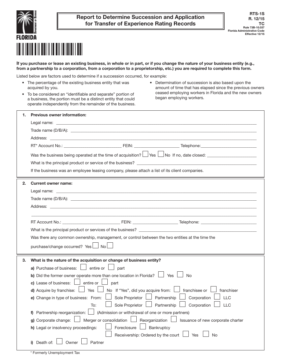 Form RTS-1S - Fill Out, Sign Online and Download Printable PDF, Florida ...