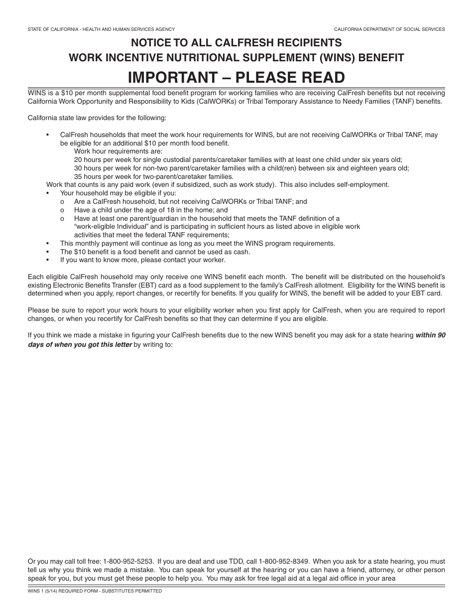 Form WINS1 - Fill Out, Sign Online and Download Fillable PDF ...