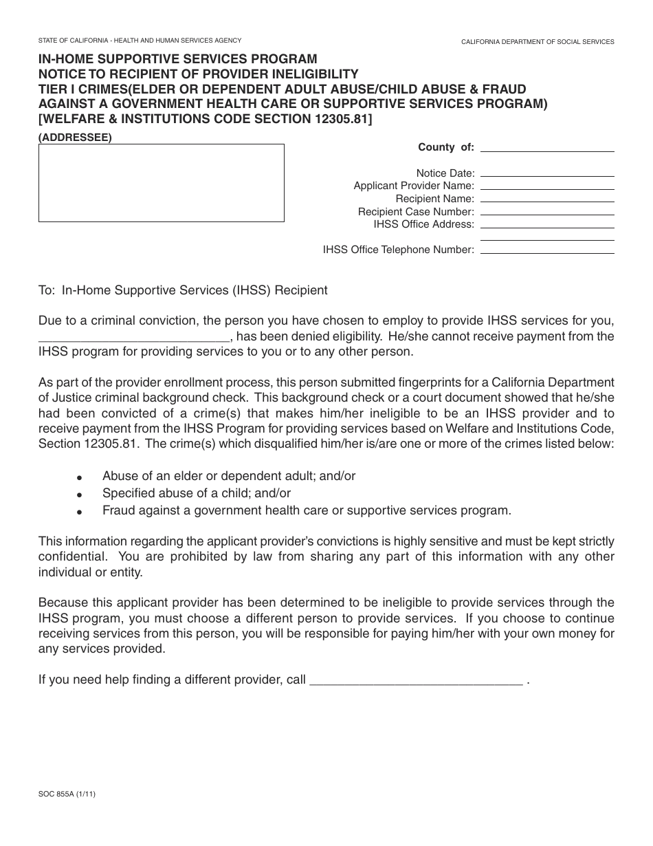 Form SOC855A - Fill Out, Sign Online and Download Fillable PDF ...