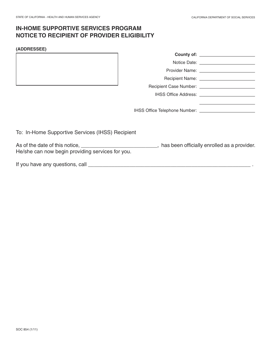 Form SOC854 - Fill Out, Sign Online and Download Fillable PDF ...