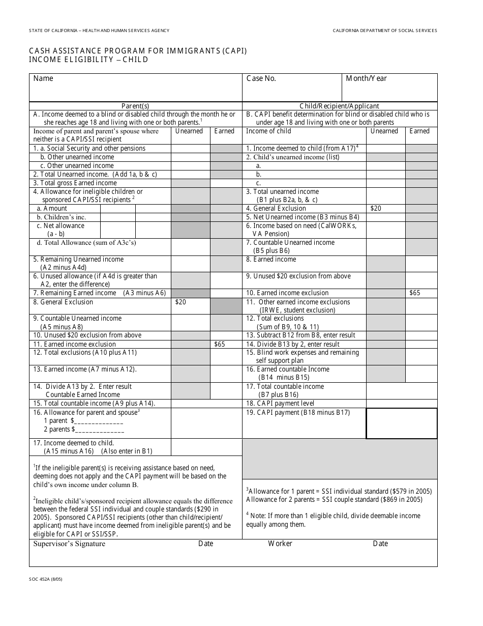 Form SOC452A - Fill Out, Sign Online and Download Fillable PDF ...