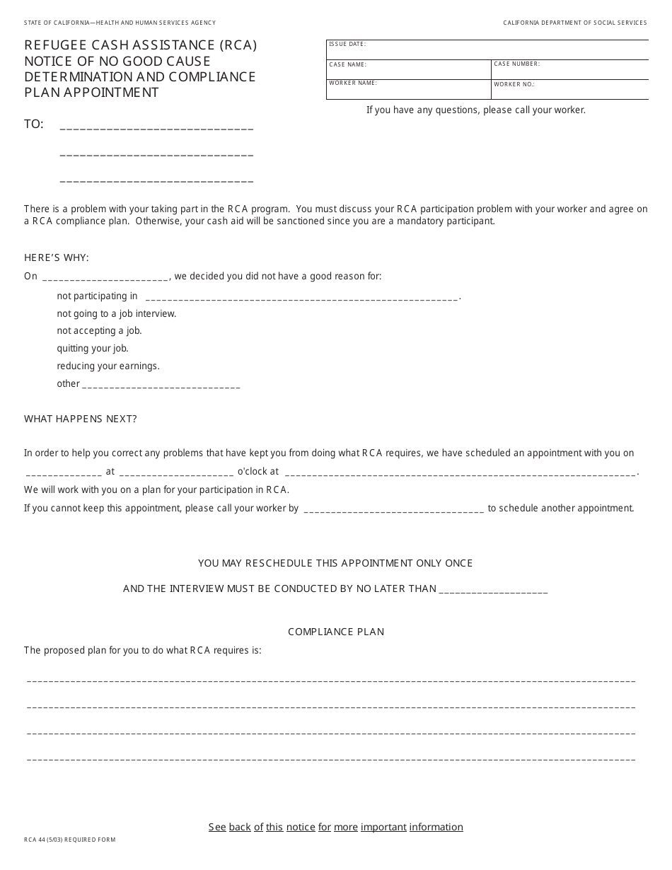Form RCA44 - Fill Out, Sign Online and Download Fillable PDF ...