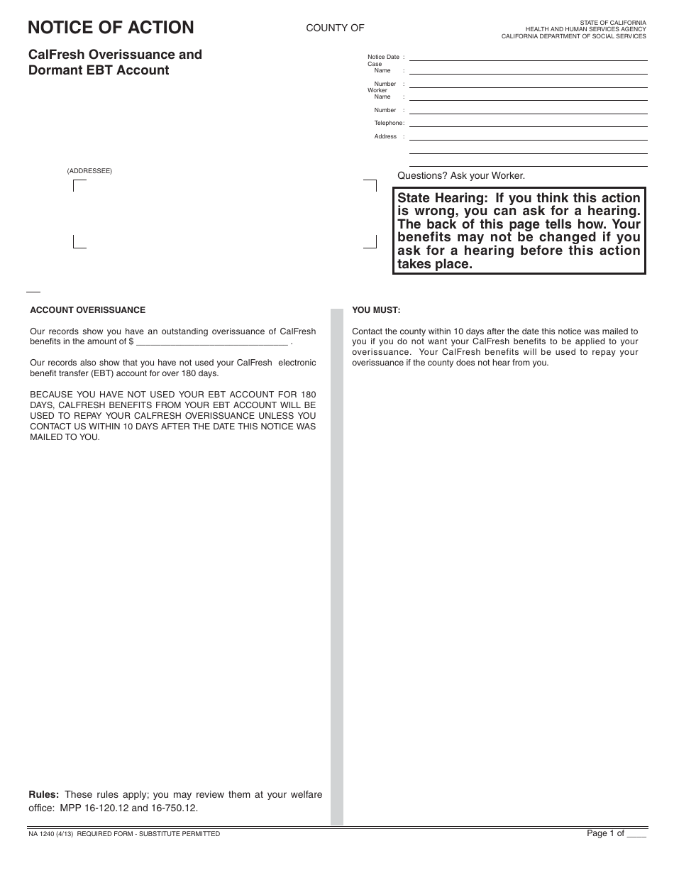 Form NA1240 - Fill Out, Sign Online and Download Fillable PDF ...