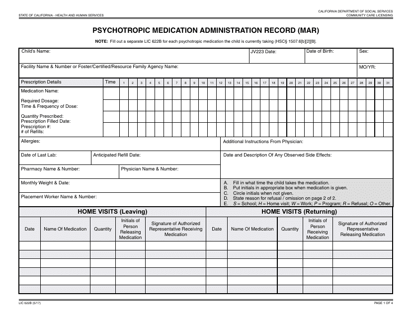 Form LIC 622b Download Fillable PDF, Psychotropic Medication ...