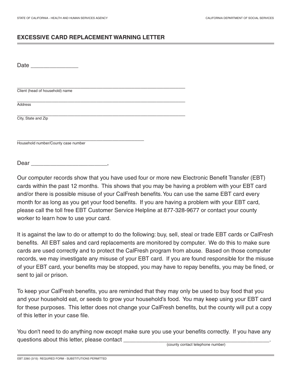 Form EBT2260 - Fill Out, Sign Online and Download Fillable PDF ...