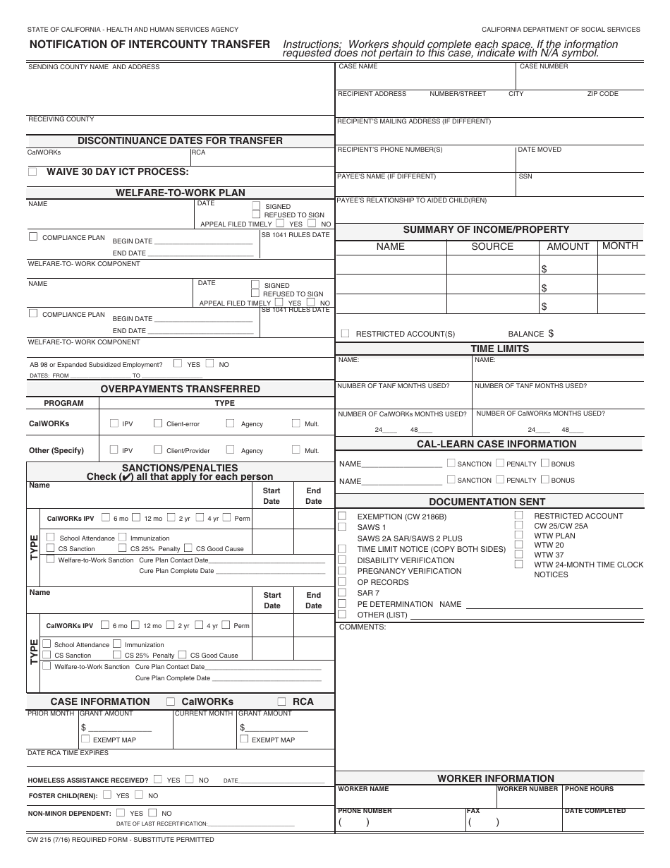 Form CW215 - Fill Out, Sign Online and Download Fillable PDF ...