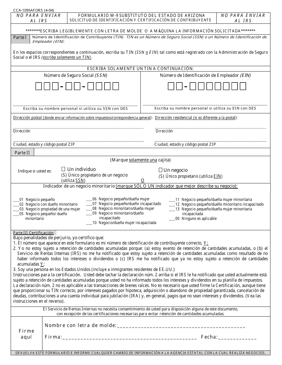 Formulario CCA-1095AFORS (W-9) - Fill Out, Sign Online and Download ...