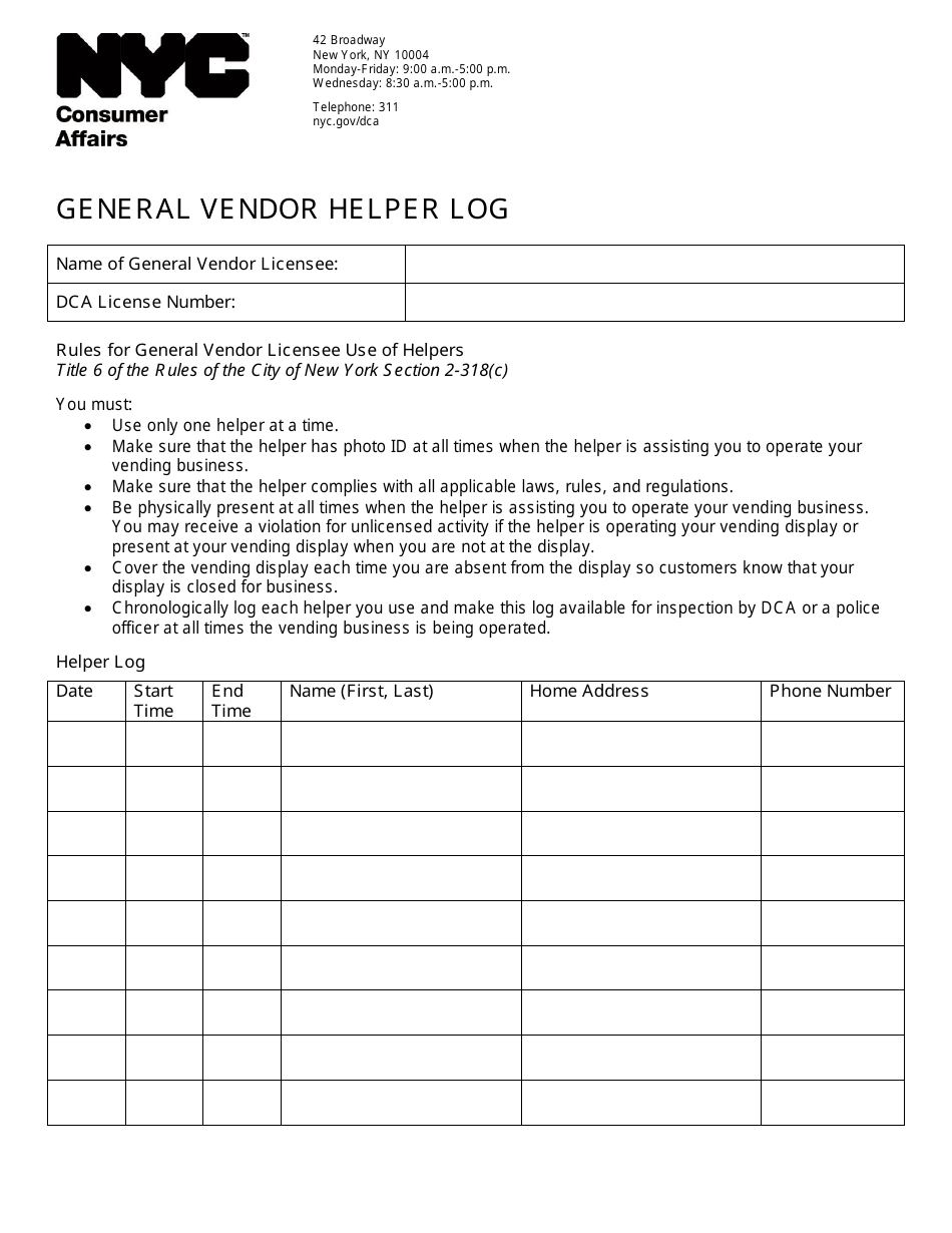 New York City General Vendor Helper Log - Fill Out, Sign Online and ...