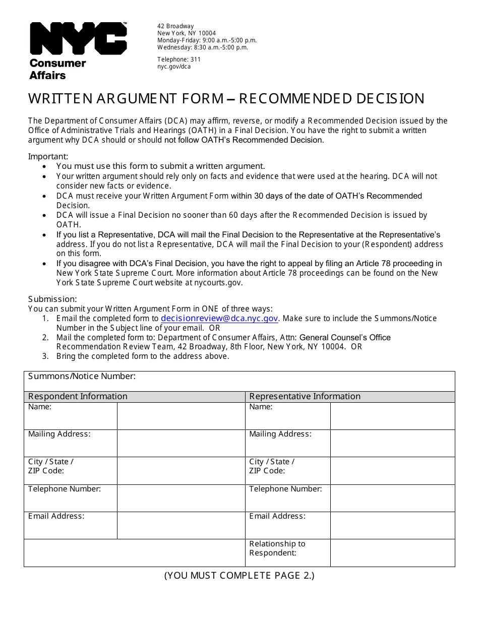 New York City Written Argument Form - Recommended Decision - Fill Out ...