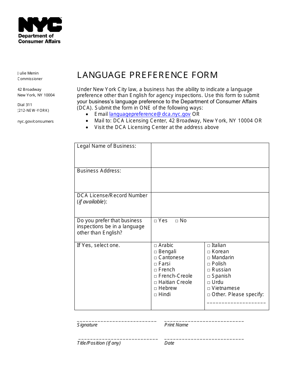 New York City Language Preference Form - Fill Out, Sign Online and ...
