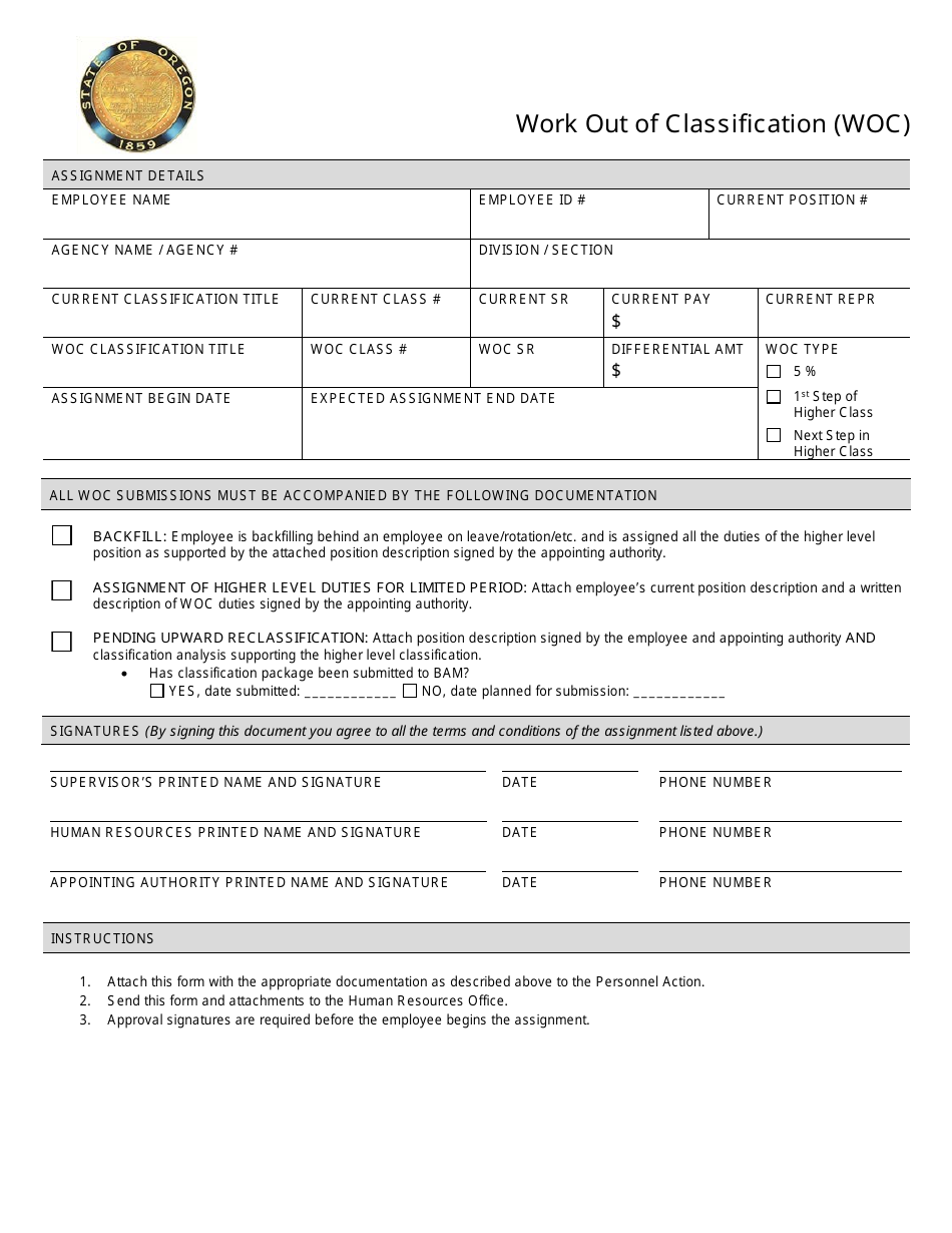 Oregon Work out of Classification (Woc) - Fill Out, Sign Online and ...