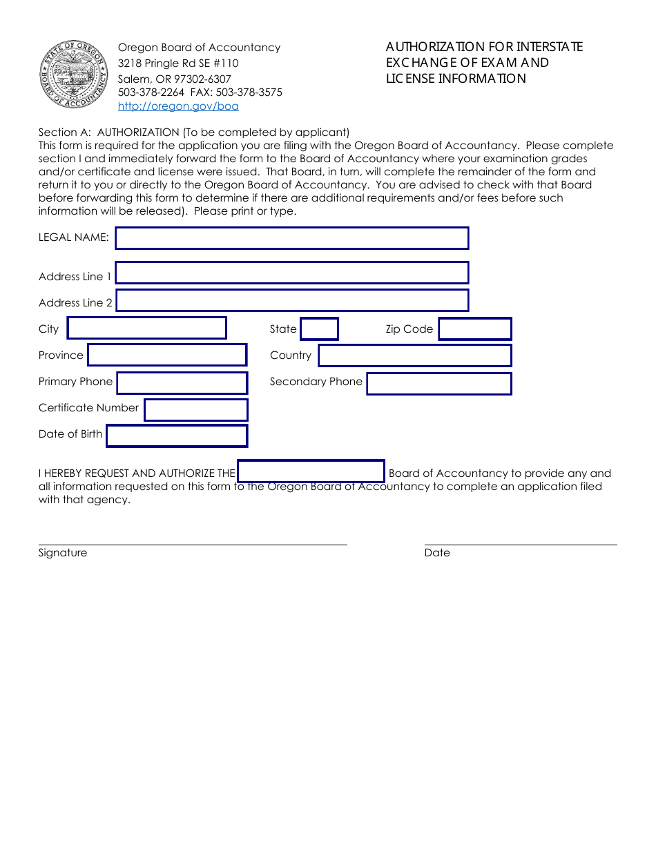 Oregon Authorization for Interstate Exchange of Exam and License ...