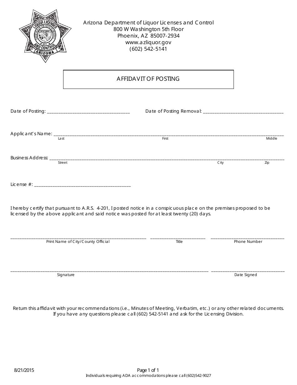 Arizona Affidavit of Posting - Fill Out, Sign Online and Download PDF ...