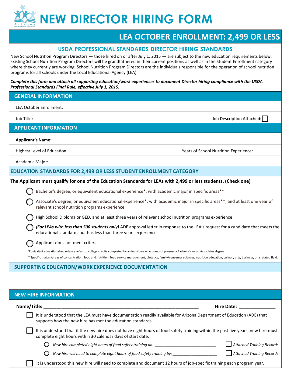 Arizona New Director Hiring Form - Lea October Enrollment: 2,499 or ...