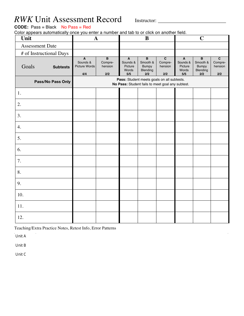 Rwk Unit Assessment Record Template Download Fillable PDF | Templateroller