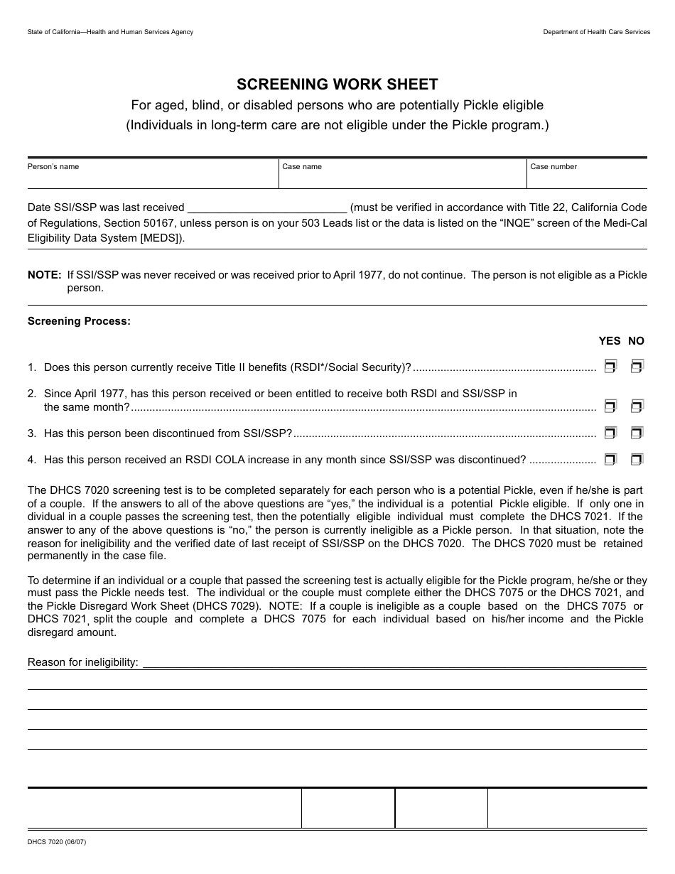 Form DHCS7020 - Fill Out, Sign Online and Download Fillable PDF ...