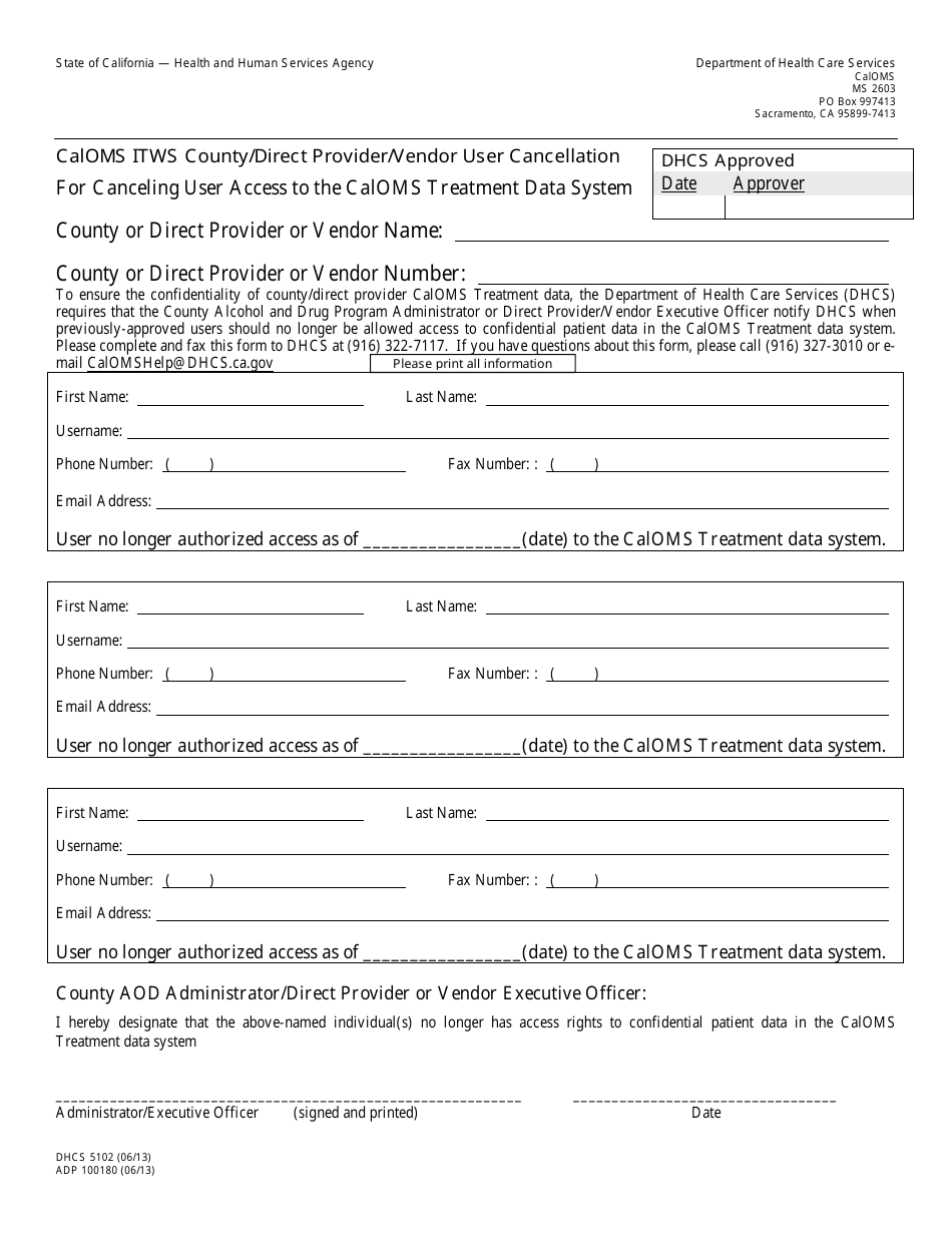 Form DHCS5102 (ADP100180) - Fill Out, Sign Online and Download ...