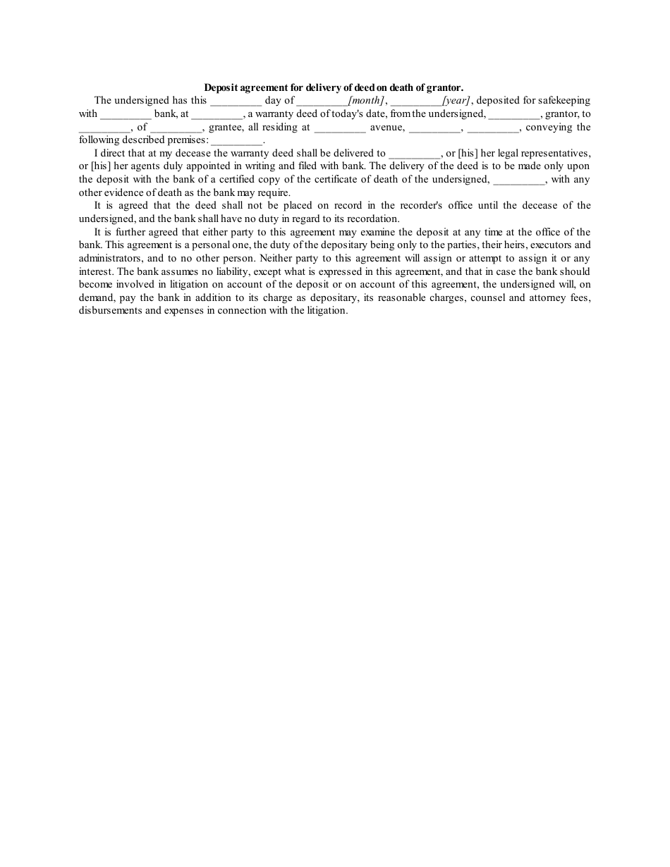 Deposit Agreement for Delivery of Deed on Death of Grantor Template ...