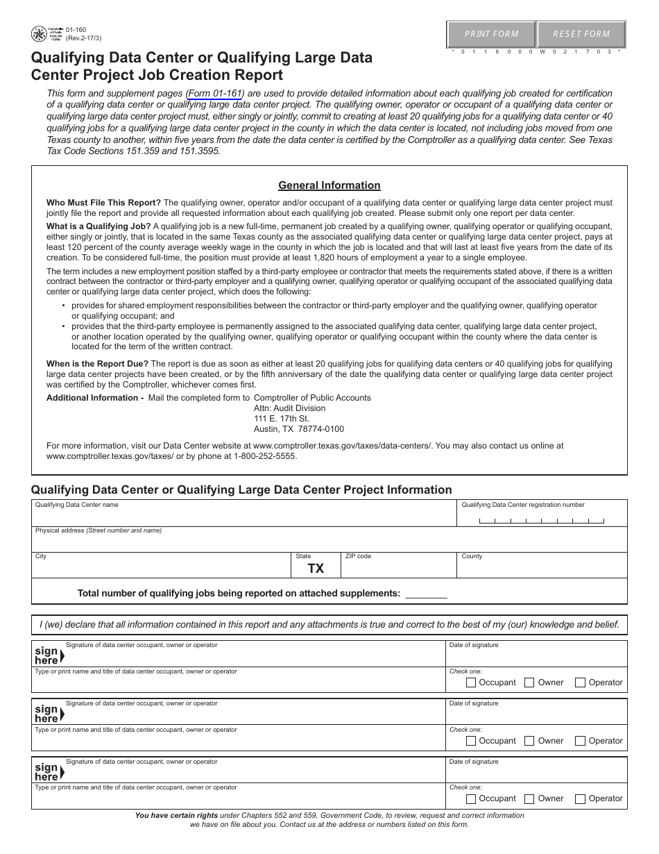 Form 01-160 - Fill Out, Sign Online and Download Fillable PDF, Texas ...