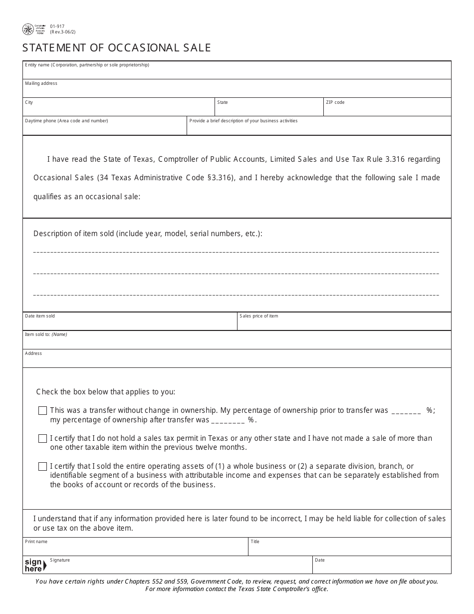Form 01-917 - Fill Out, Sign Online and Download Fillable PDF, Texas ...