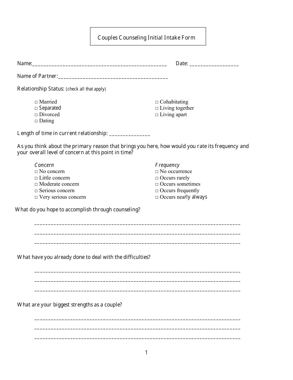 Couples Counseling Initial Intake Form Questions Fill Out Sign