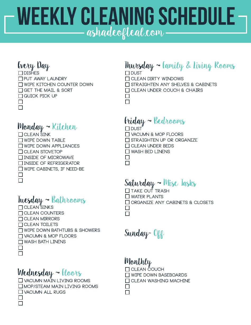 Weekly Cleaning Schedule Template - Green Download Printable PDF ...