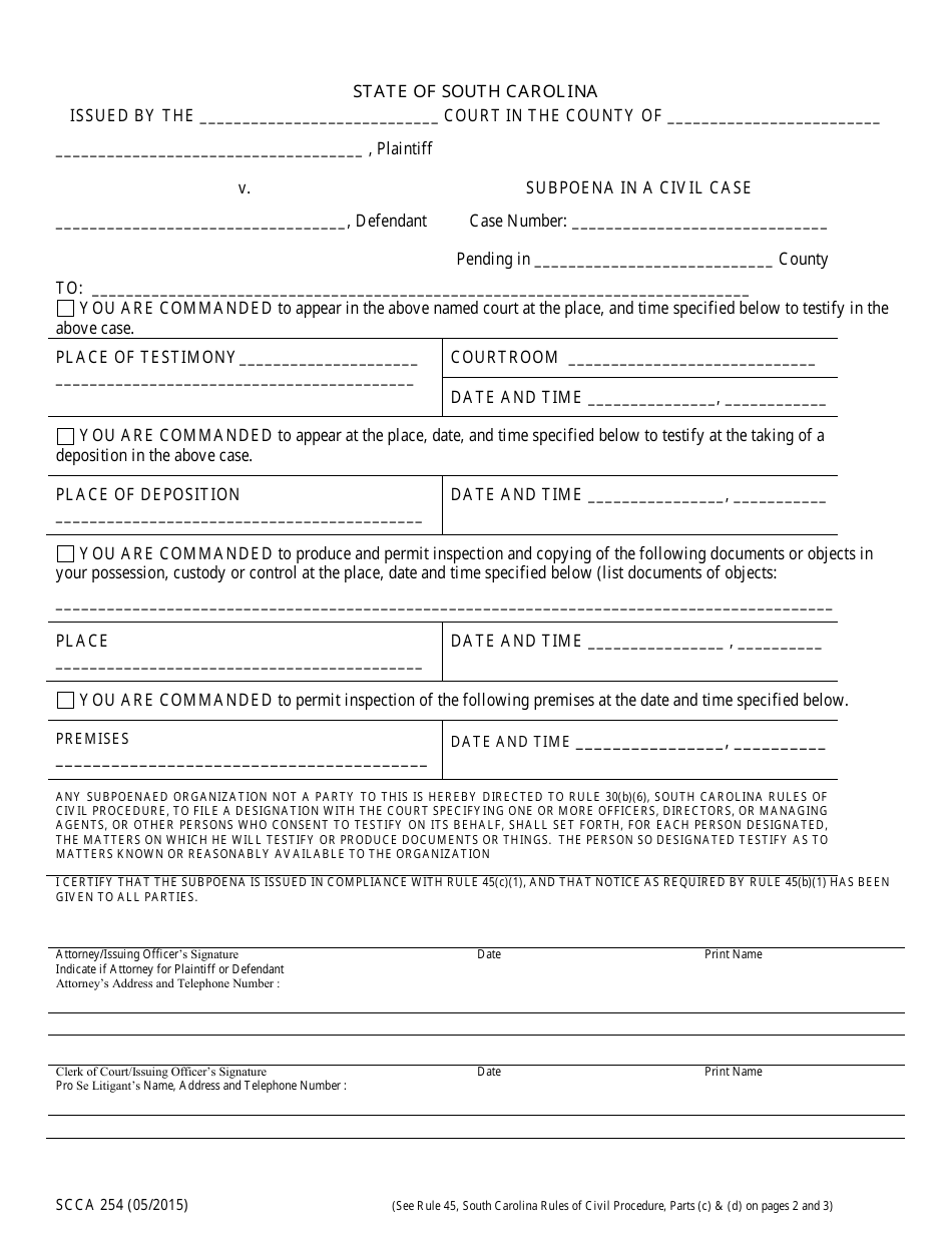 Form SCCA254 - Fill Out, Sign Online and Download Printable PDF, South ...