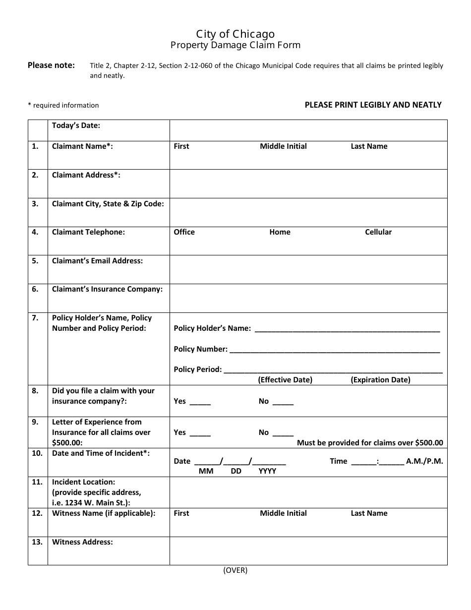 City of Chicago, Illinois Property Damage Claim Form - Fill Out, Sign ...