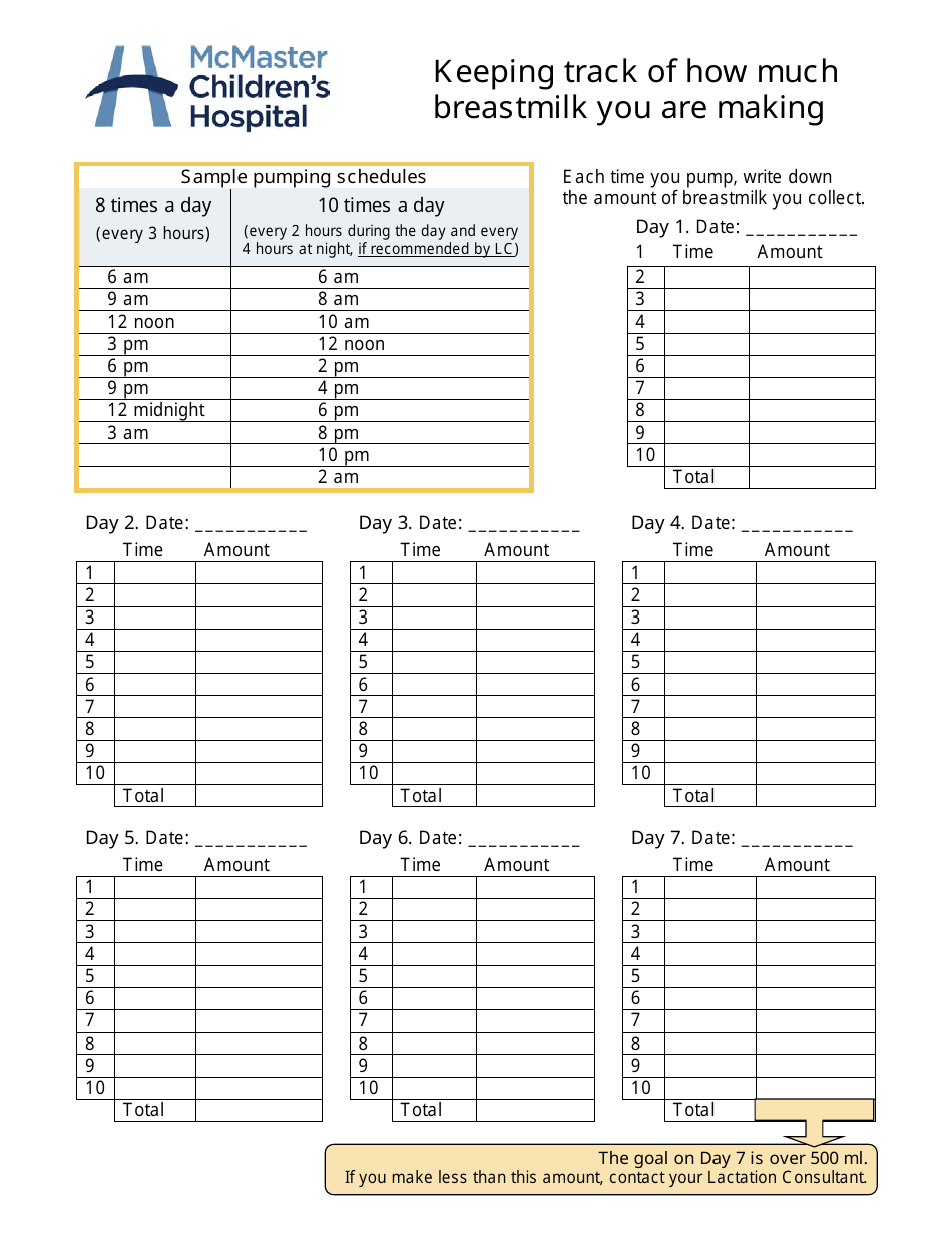 Breastmilk Tracking Chart Template - Mcmaster Children's Hospital ...