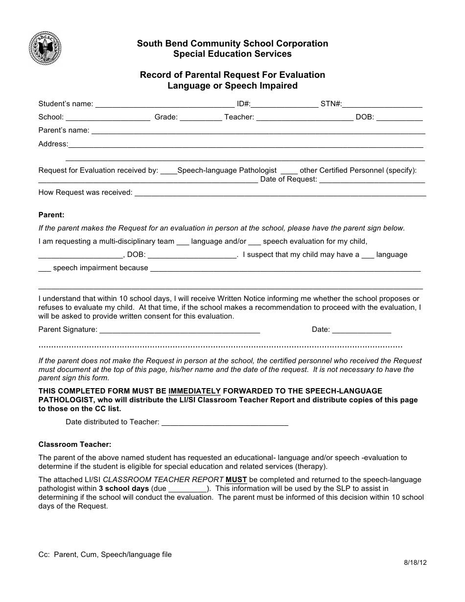 Record of Parental Request for Evaluation Language or Speech Impaired ...