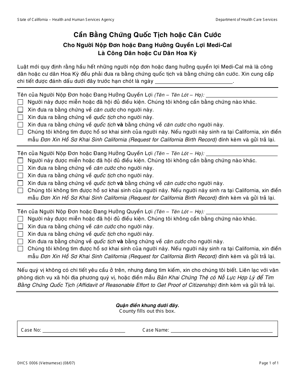 Form DHCS0006 - Fill Out, Sign Online and Download Printable PDF ...