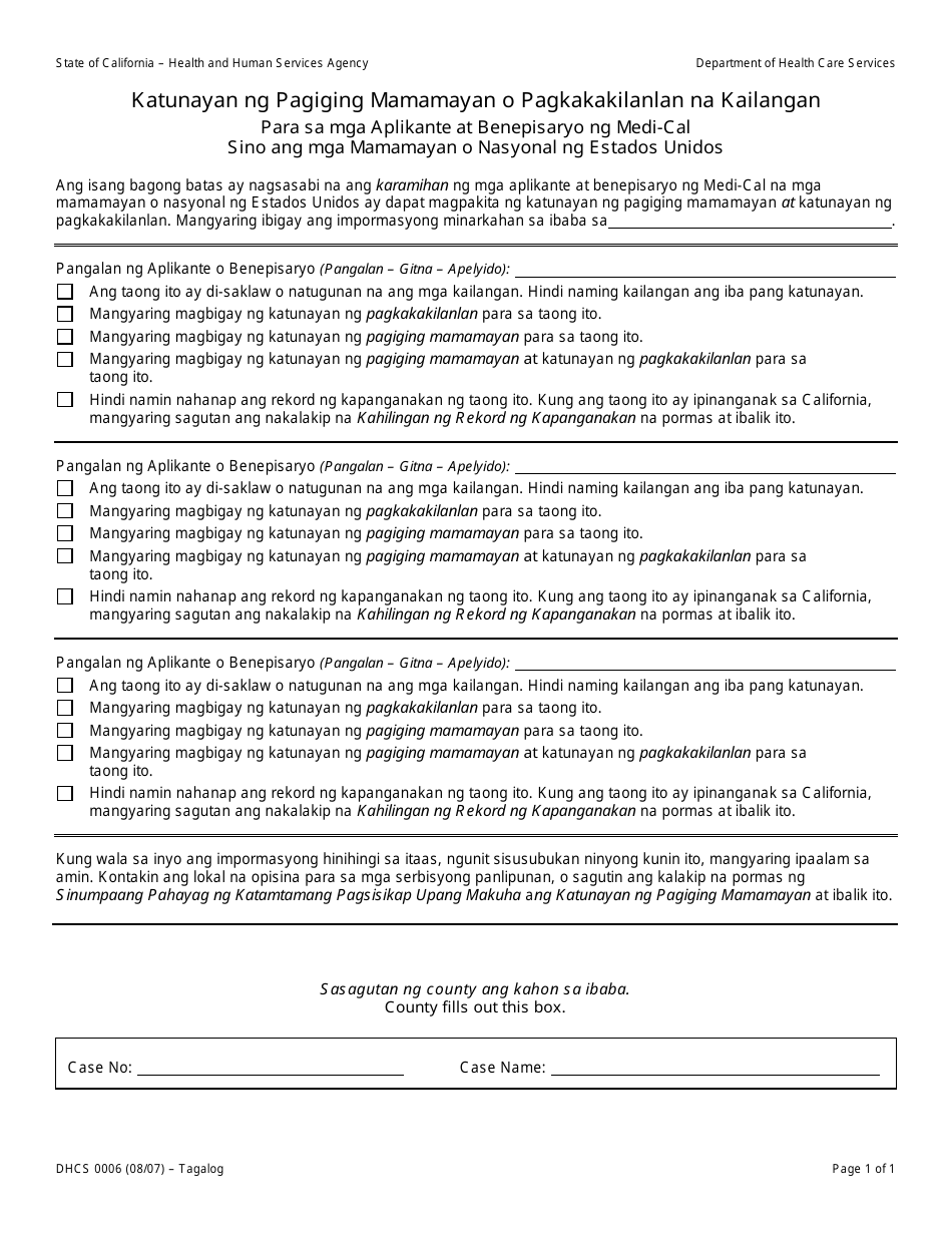 Form DHCS0006 - Fill Out, Sign Online and Download Printable PDF ...