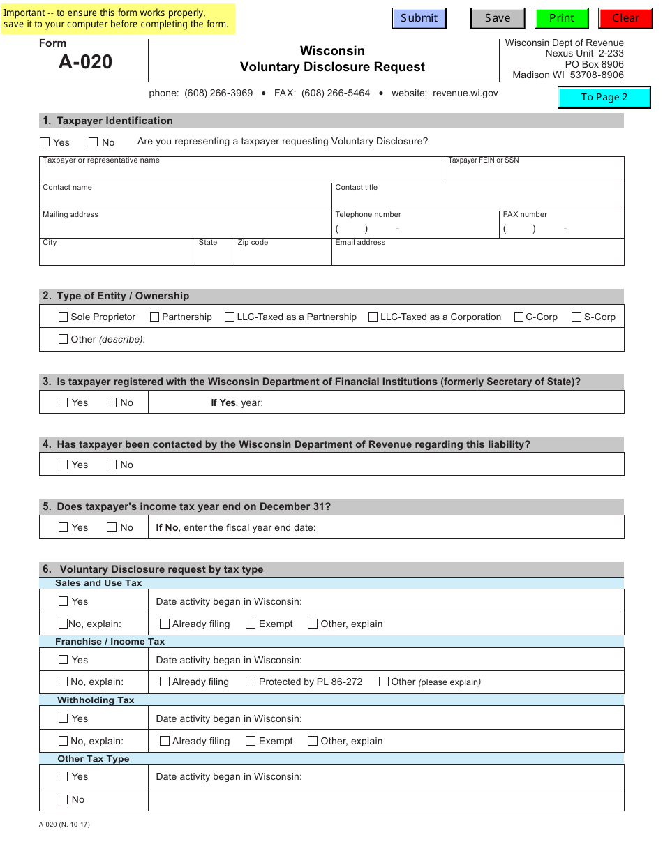 Form A-020 - Fill Out, Sign Online and Download Fillable PDF, Wisconsin ...