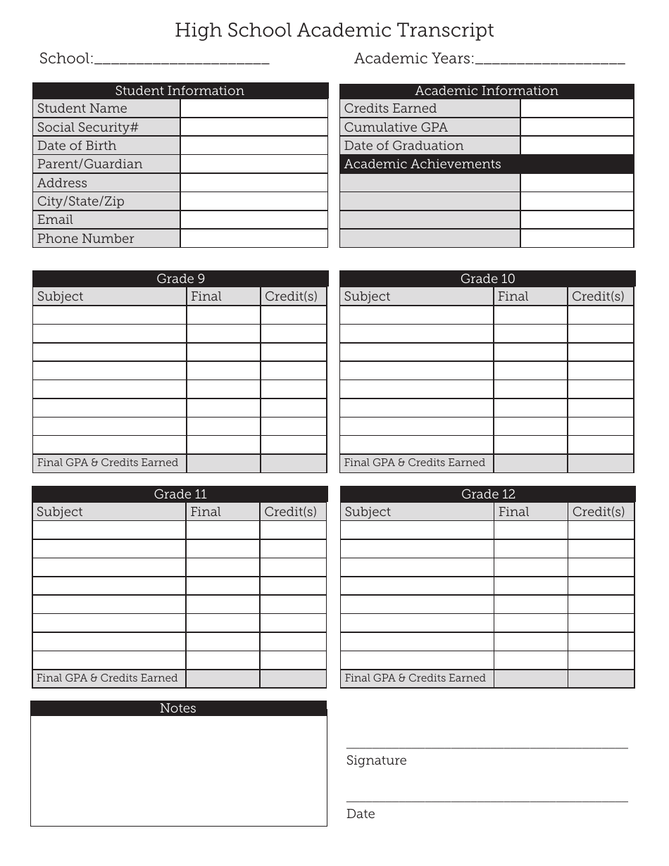 High School Academic Transcript Template Download Printable PDF 