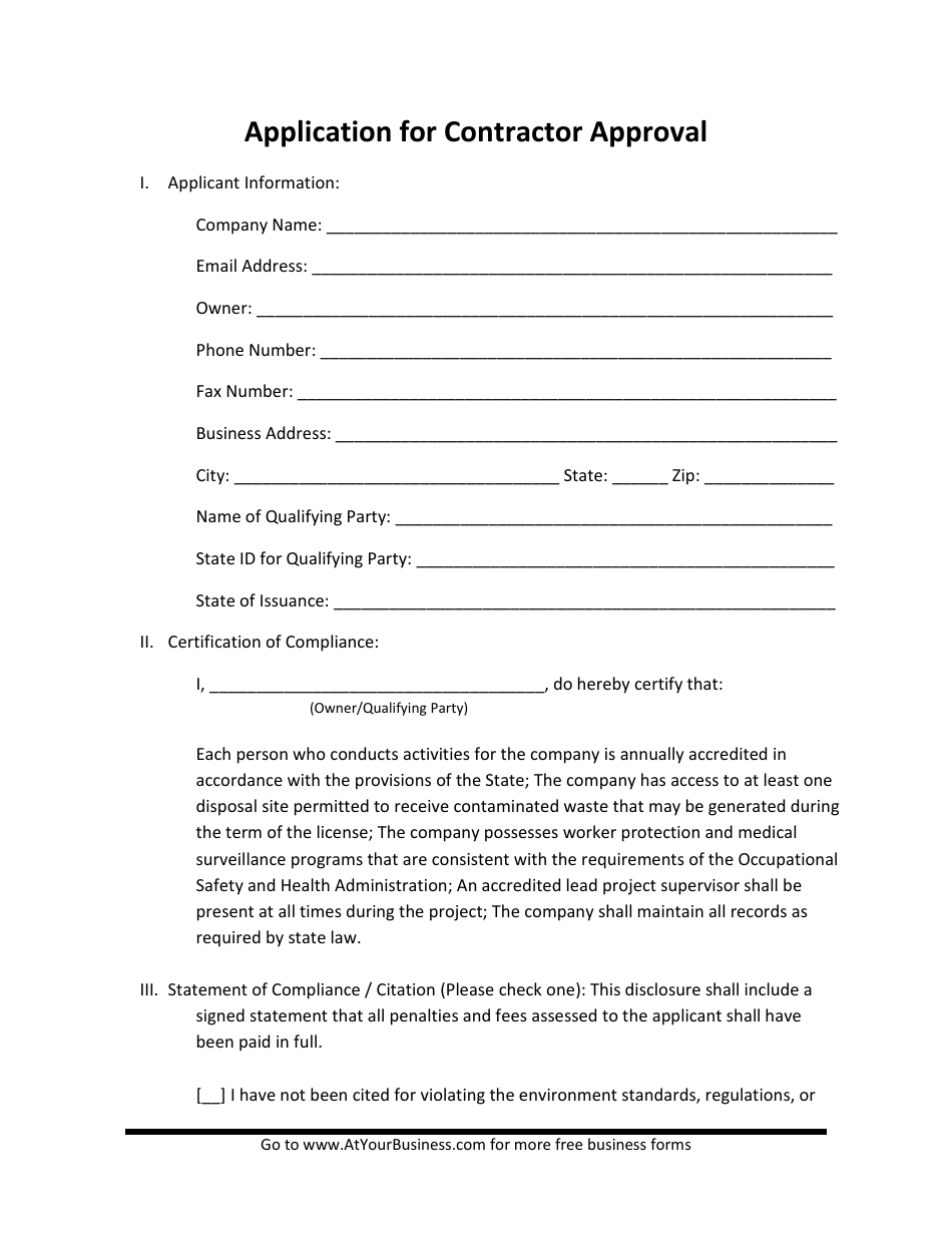 Application for Contractor Approval Download Printable PDF | Templateroller