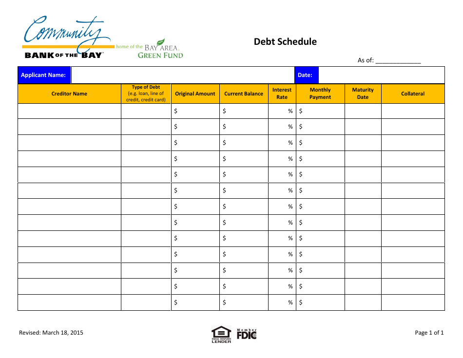 Debt Schedule Template Community Bank Of The Bay Download Fillable Debt Schedule Template Community Bank Of The Bay Download Fillable