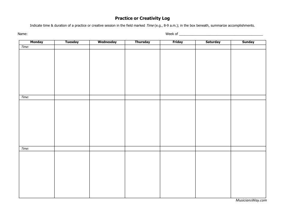 Practice or Creativity Log Template Download Printable PDF | Templateroller