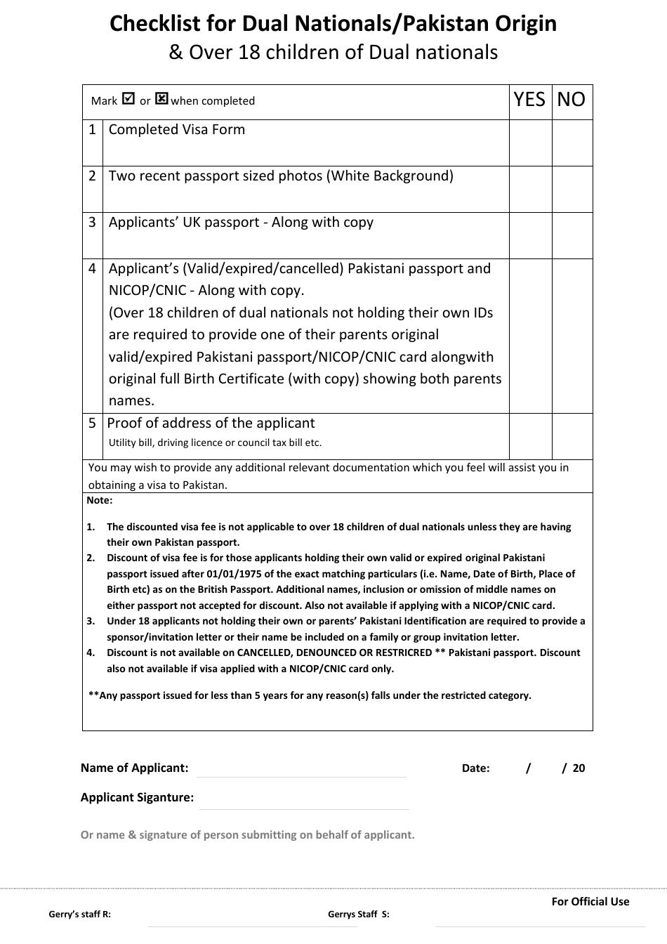 Checklist Template for Dual Nationals/Pakistan Origin & Over 18 ...