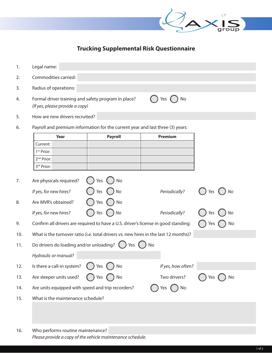 Trucking Supplemental Risk Questionnaire Template - Axis Group Download ...