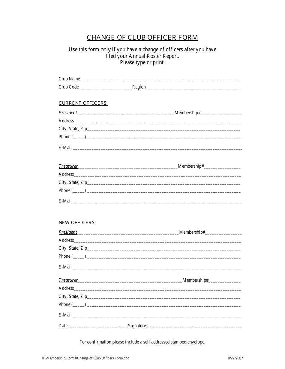 Change of Club Officer Form - Fill Out, Sign Online and Download PDF ...