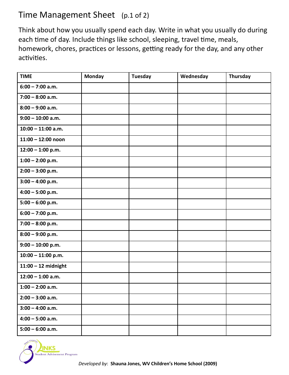 Time Management Sheet Template West Virginia Links Student Advisement