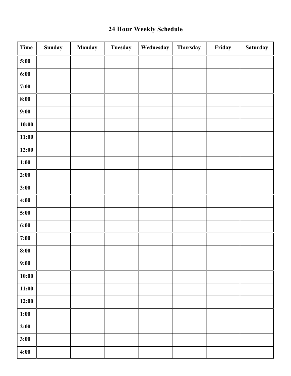 24 hour Weekly Schedule Template Download Printable PDF Templateroller