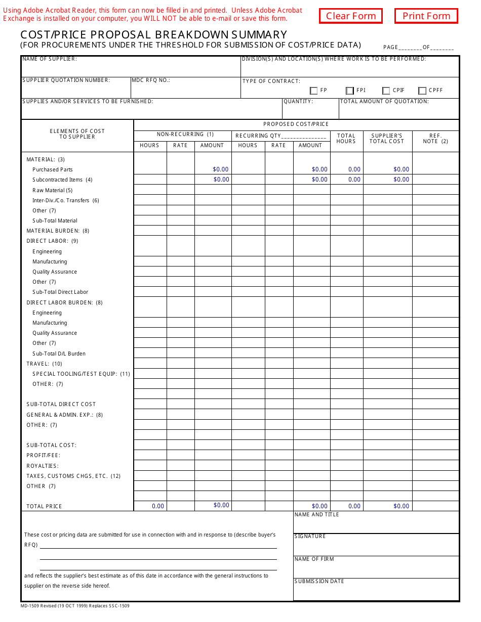 Cost/Price Proposal Breakdown Summary Template Download Fillable PDF ...