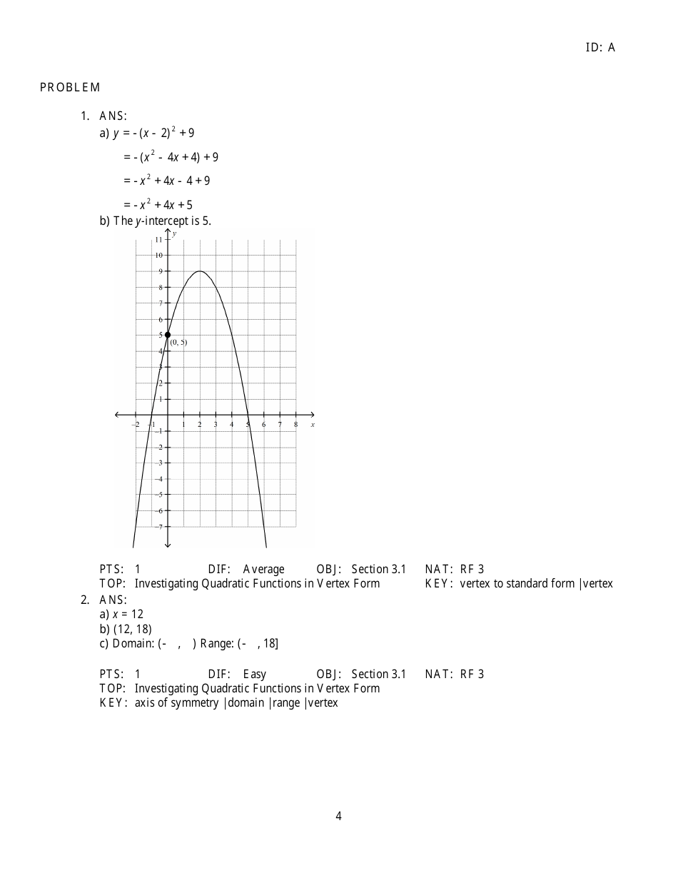 Quadratic Functions Review Worksheet Download Printable PDF ...