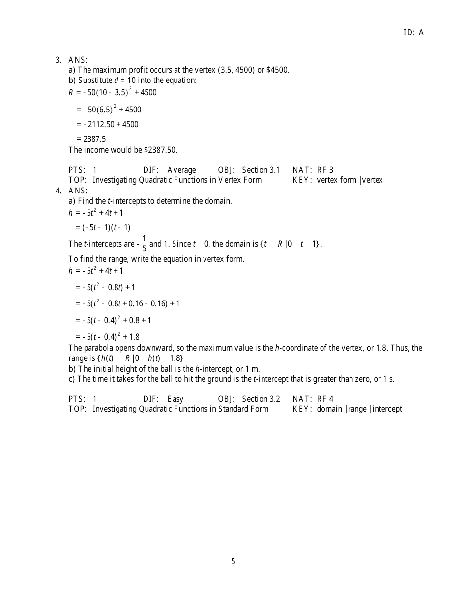 Quadratic Functions Review Worksheet Download Printable PDF ...