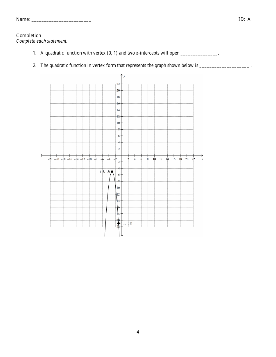 Quadratic Functions Review Worksheet Download Printable PDF ...