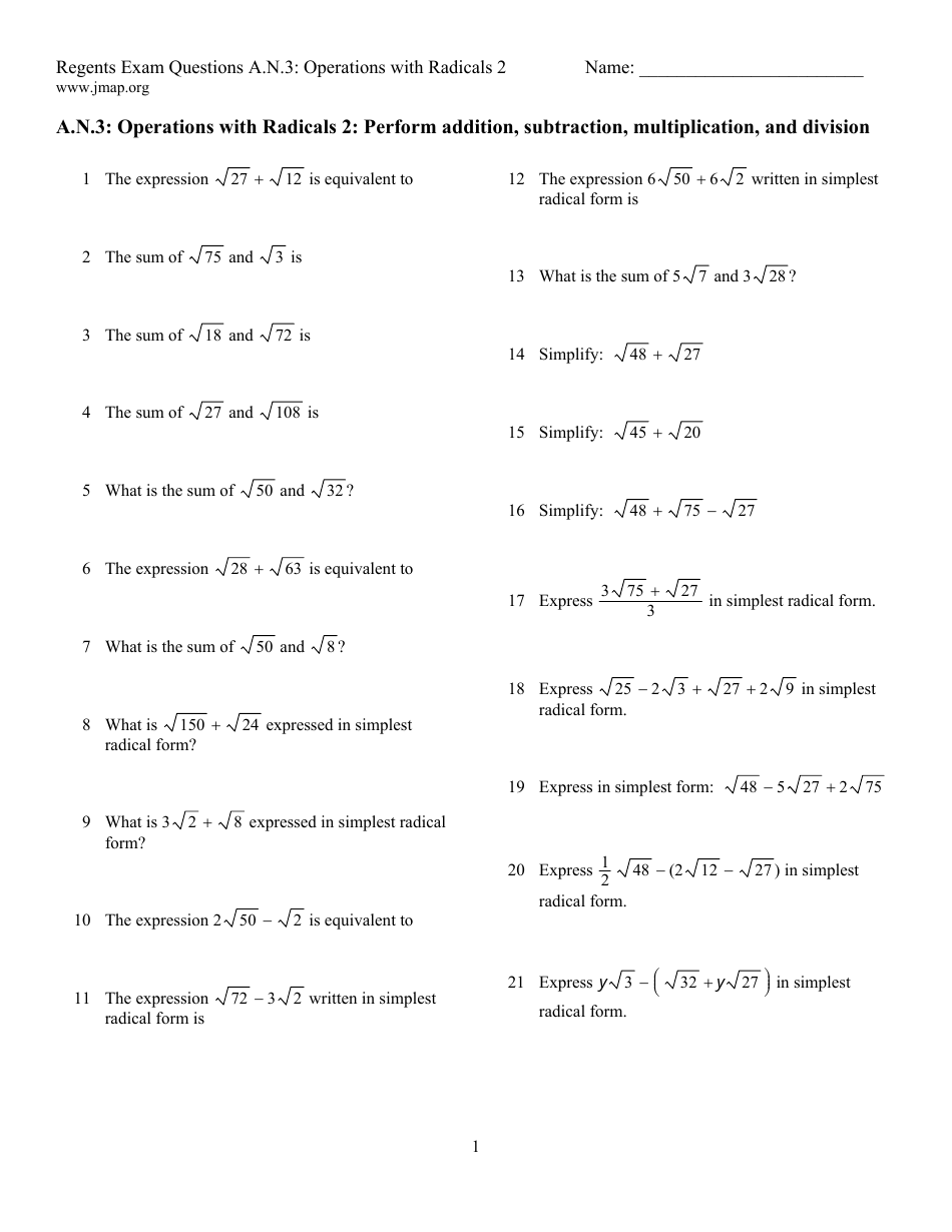 Regents Exam Questions A n 3 Operations With Radicals Worksheet With