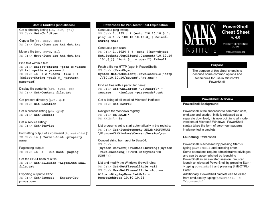Powershell Cheat Sheet Version 4 - Sans Institute Download Printable ... Powershell Cheat Sheet Version 4 - Sans Institute Download Printable ...