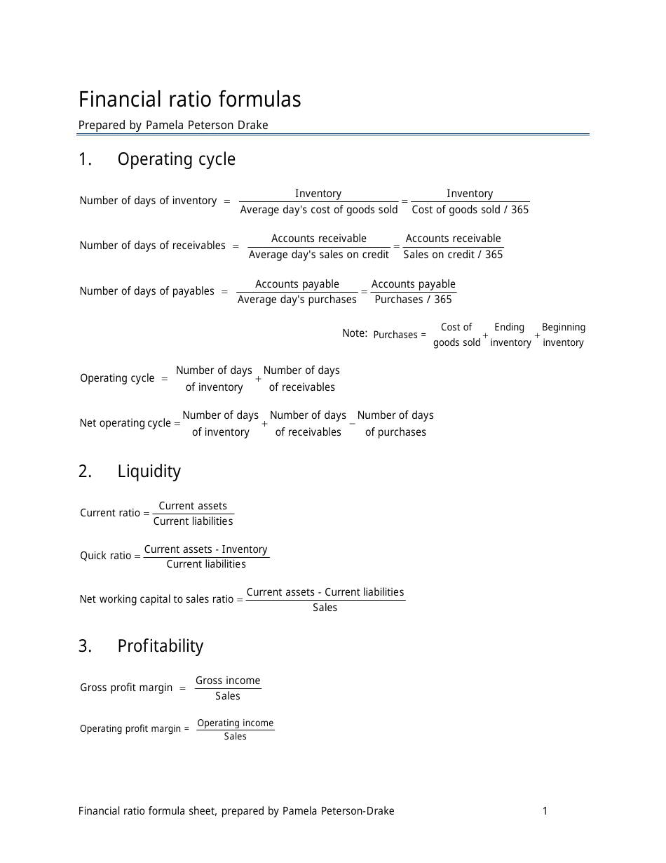 Financial Ratio Formulas Template Download Printable PDF | Templateroller